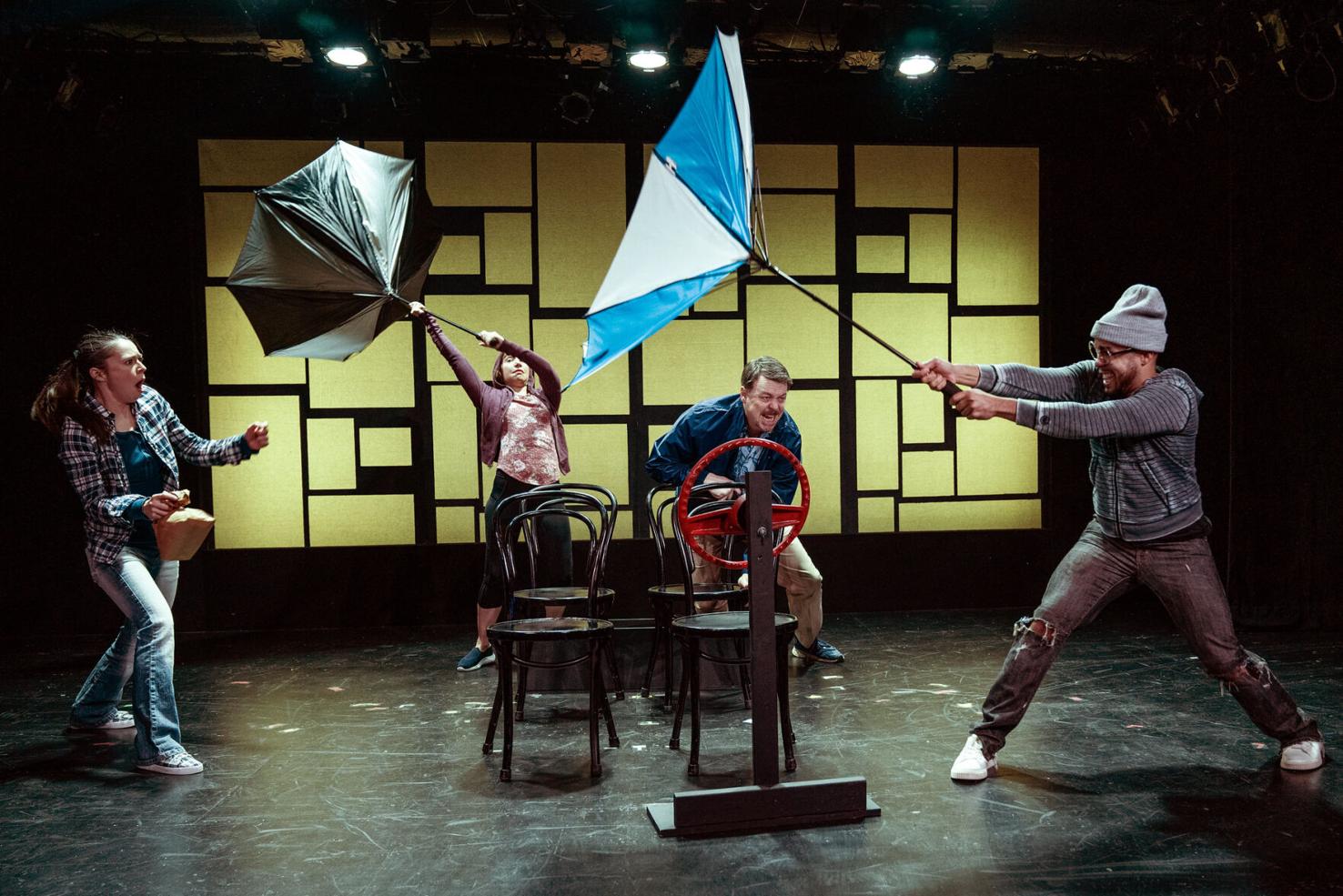 actors with inverted umbrellas get blown off stage | | berkshireeagle.com
