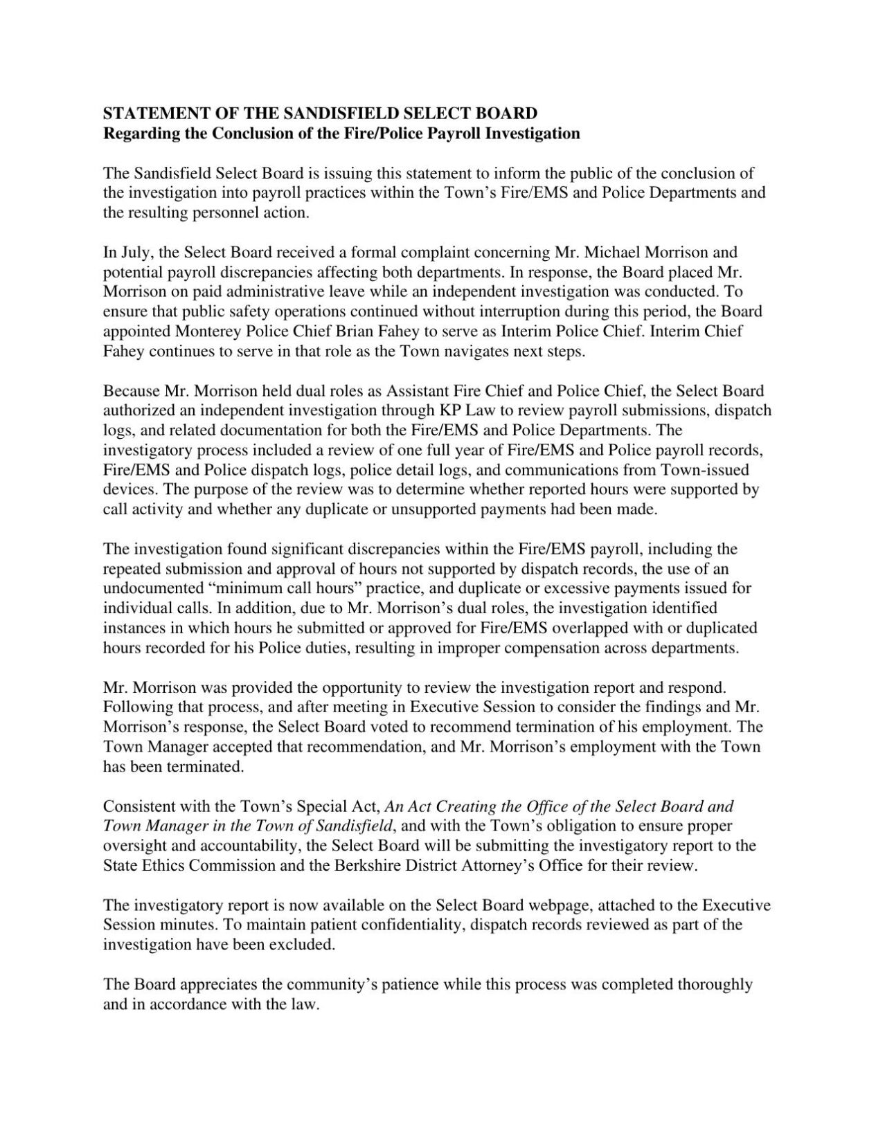 Sandisfield Select Board hands over investigation of fired police chief ...