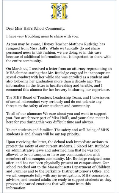 A history teacher at Miss Hall's School in Pittsfield has resigned amid ...