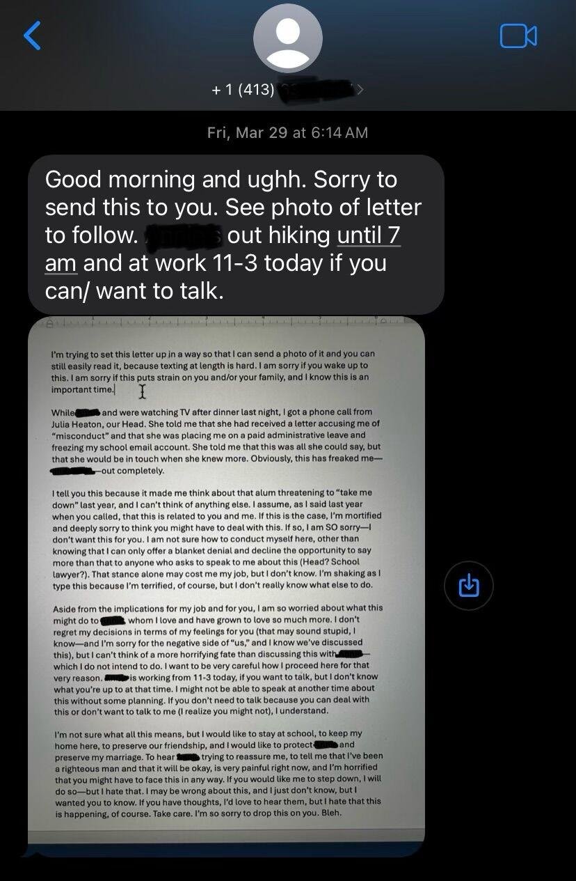 In a text message to a Miss Hall's alumna in March, former teacher says ...