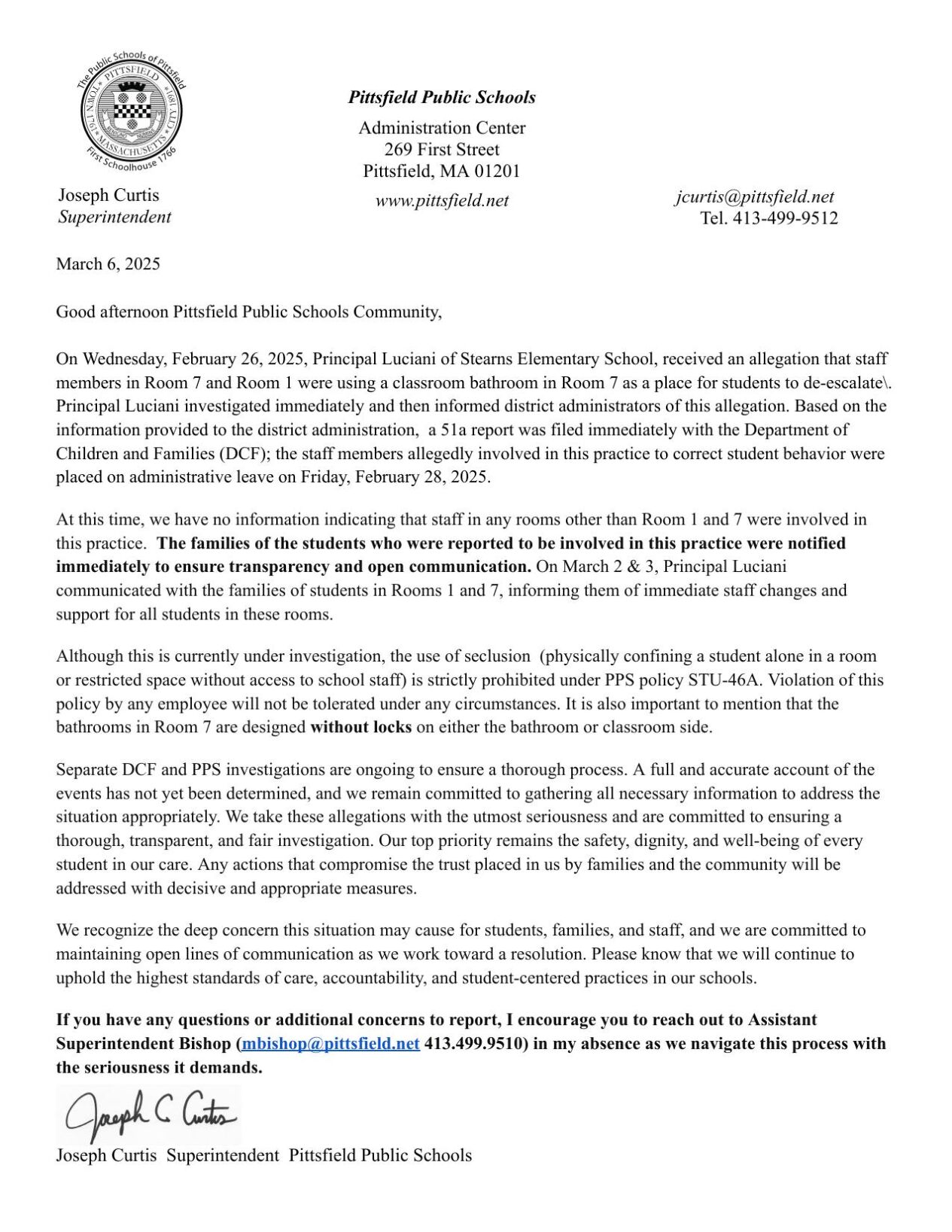 Letter to Stearns parents | | berkshireeagle.com