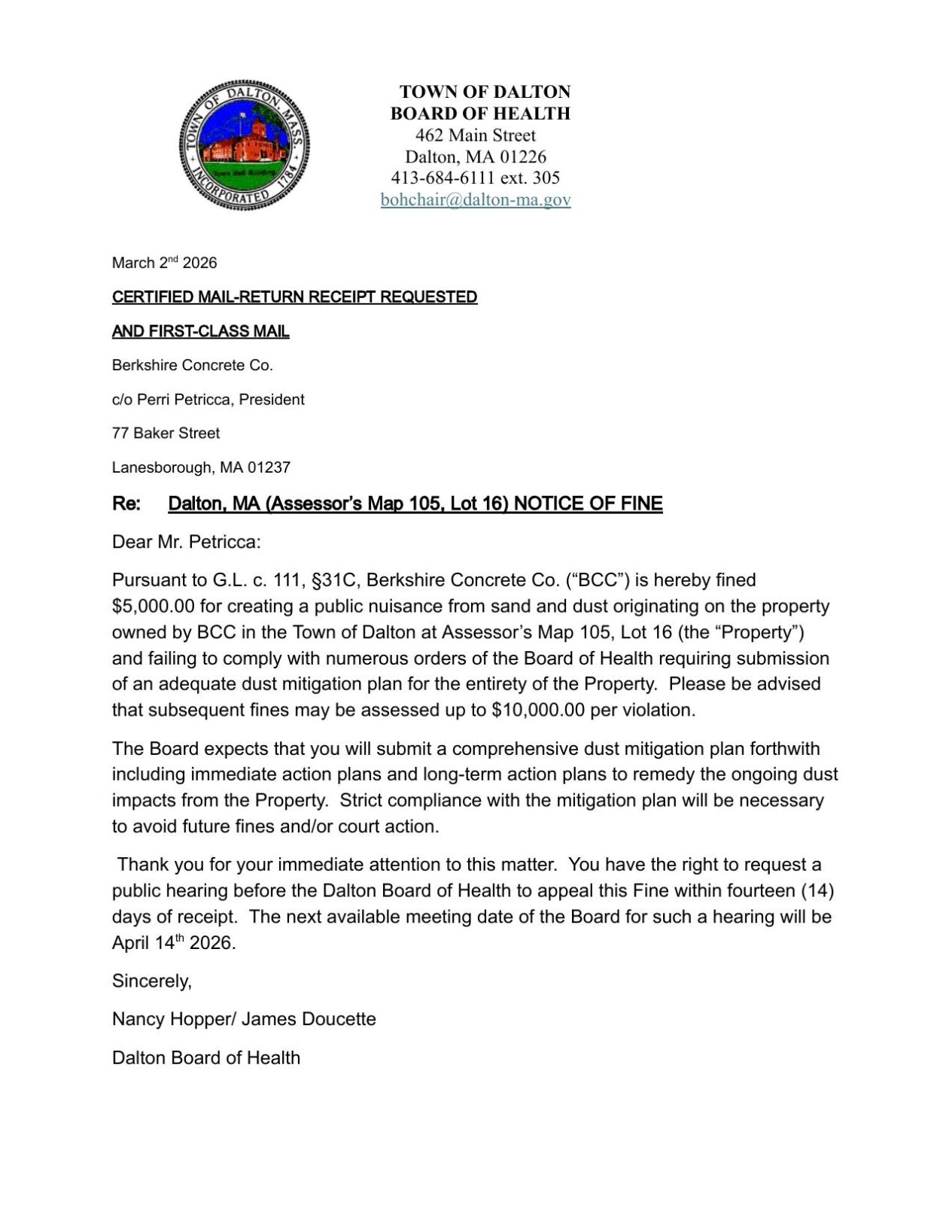 Berkshire Concrete Corp. hit with $5,000 fine amid ongoing Dalton dust ...