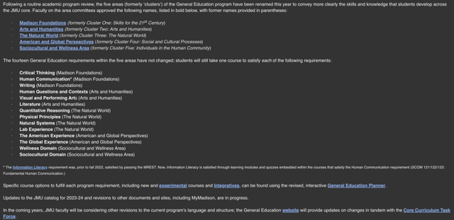 General education cluster titles renamed by department, no longer ...