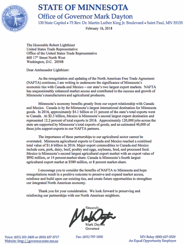 Dayton supports NAFTA in letter to trade official | Press Releases ...
