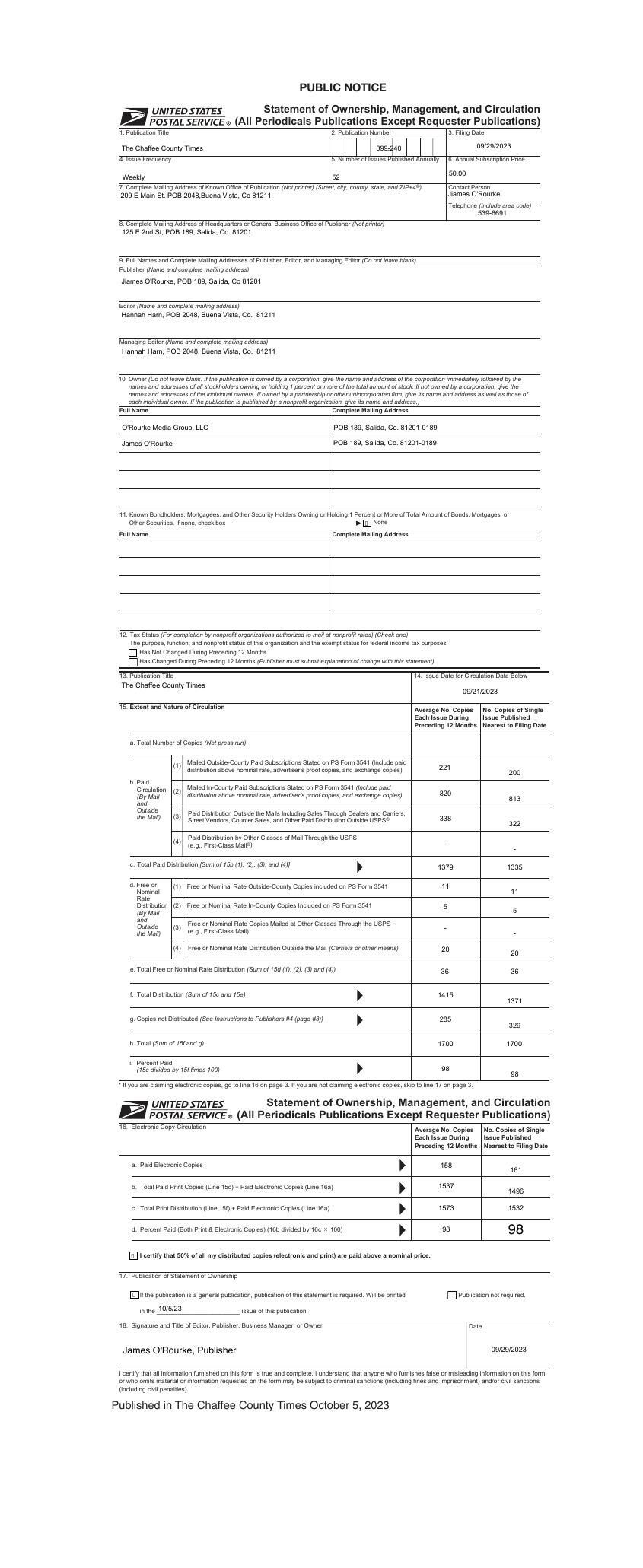 Statement of Ownership | Public Notices | chaffeecountytimes.com