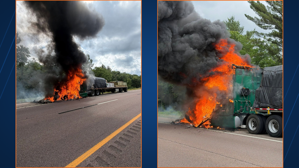 Semi-tractor fire on I-94 shuts down traffic, sparks small wildfire ...