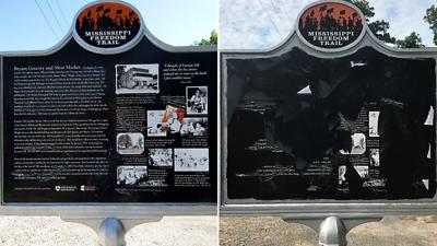 Mississippi Emmett Till memorial sign protected by bulletproof glass ...