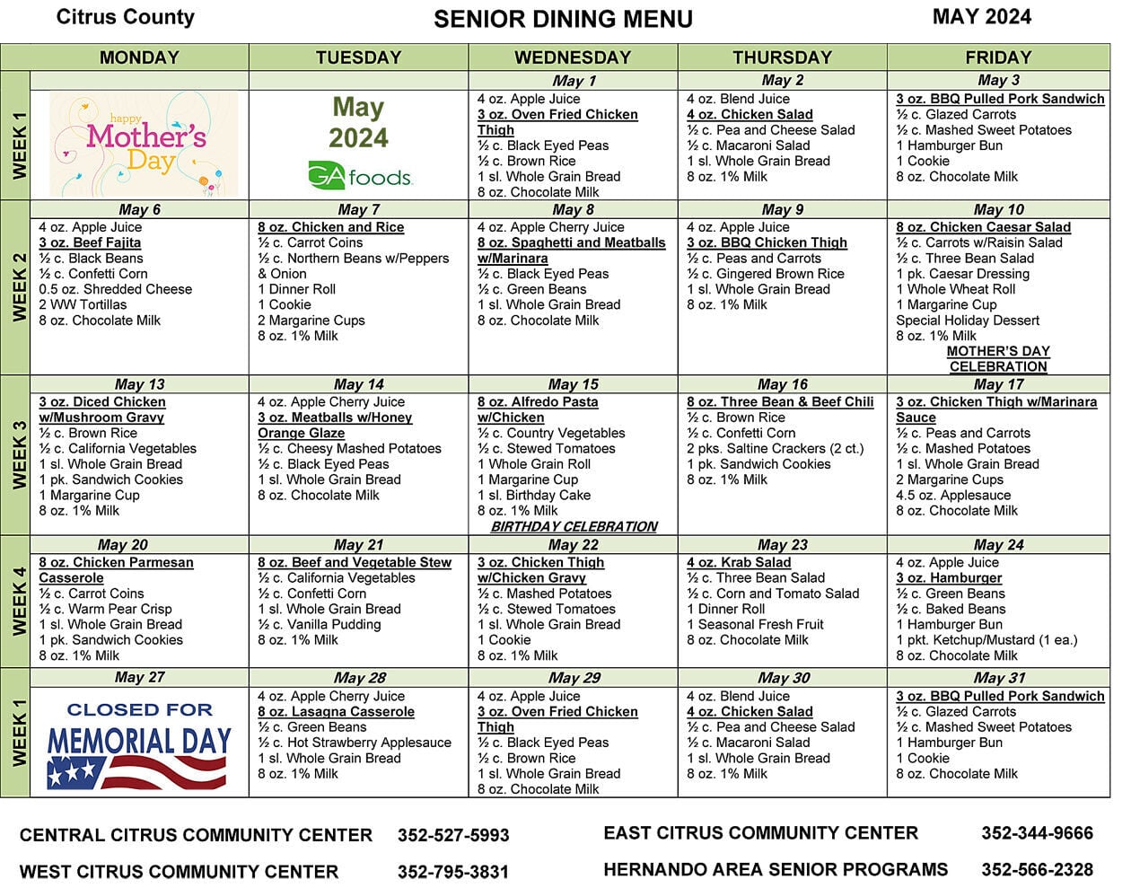 Senior Congregate Dining menu for May | Lifestyle | chronicleonline.com