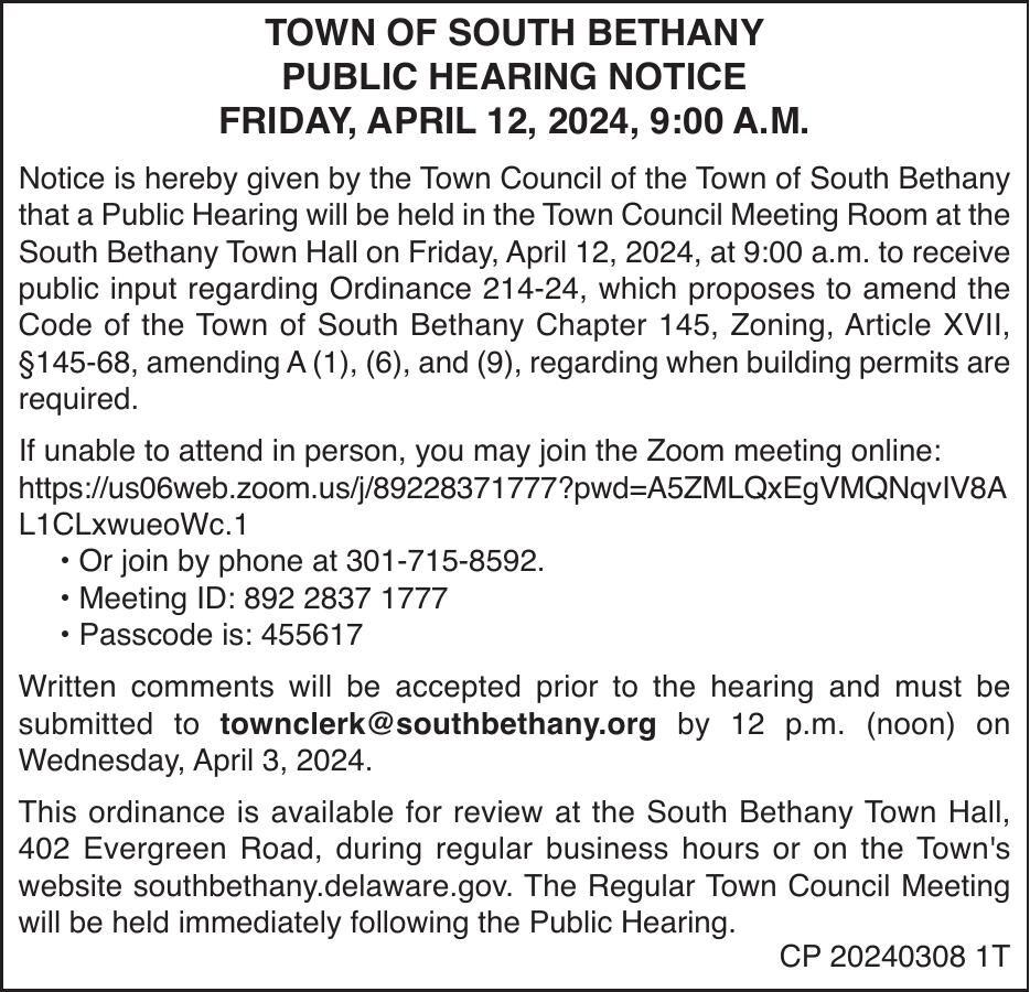Town of South Bethany - Apr 12, '24 Meeting Notice | Legals ...