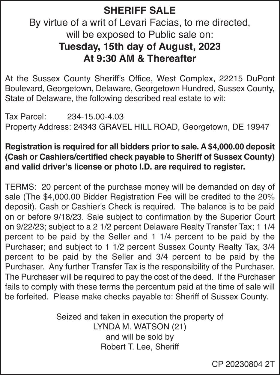 Sheriff Sale - Watson | Legals | coastalpoint.com