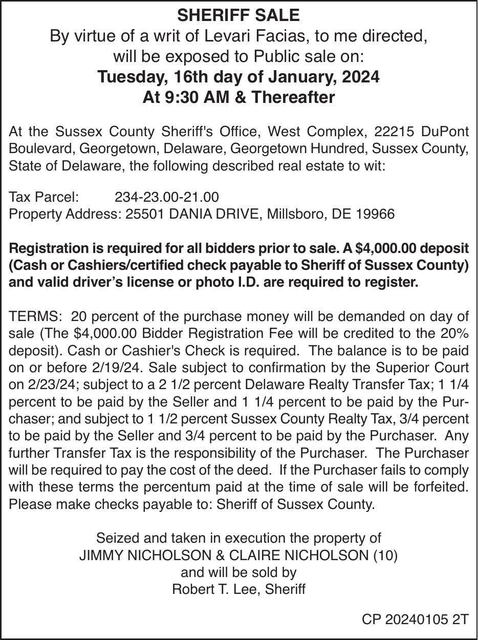 Sheriff Sale - Nicholson | Legals | coastalpoint.com