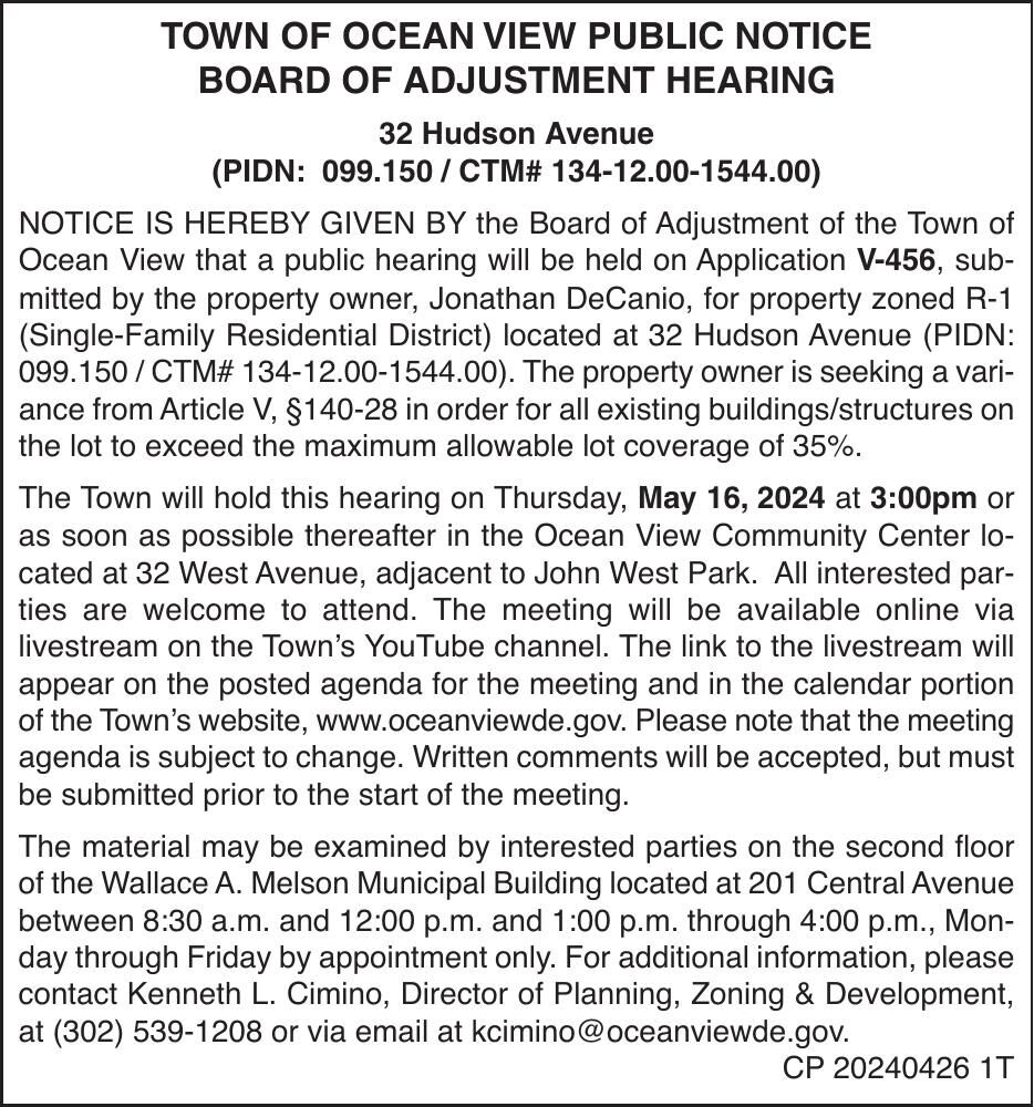 TOWN OF OCEAN VIEW PUBLIC NOTICE BOARD OF ADJUSTMENT HEARING | Legals ...