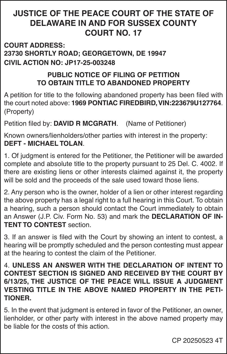 JUSTICE OF THE PEACE COURT OF THE STATE OF | Legals | coastalpoint.com