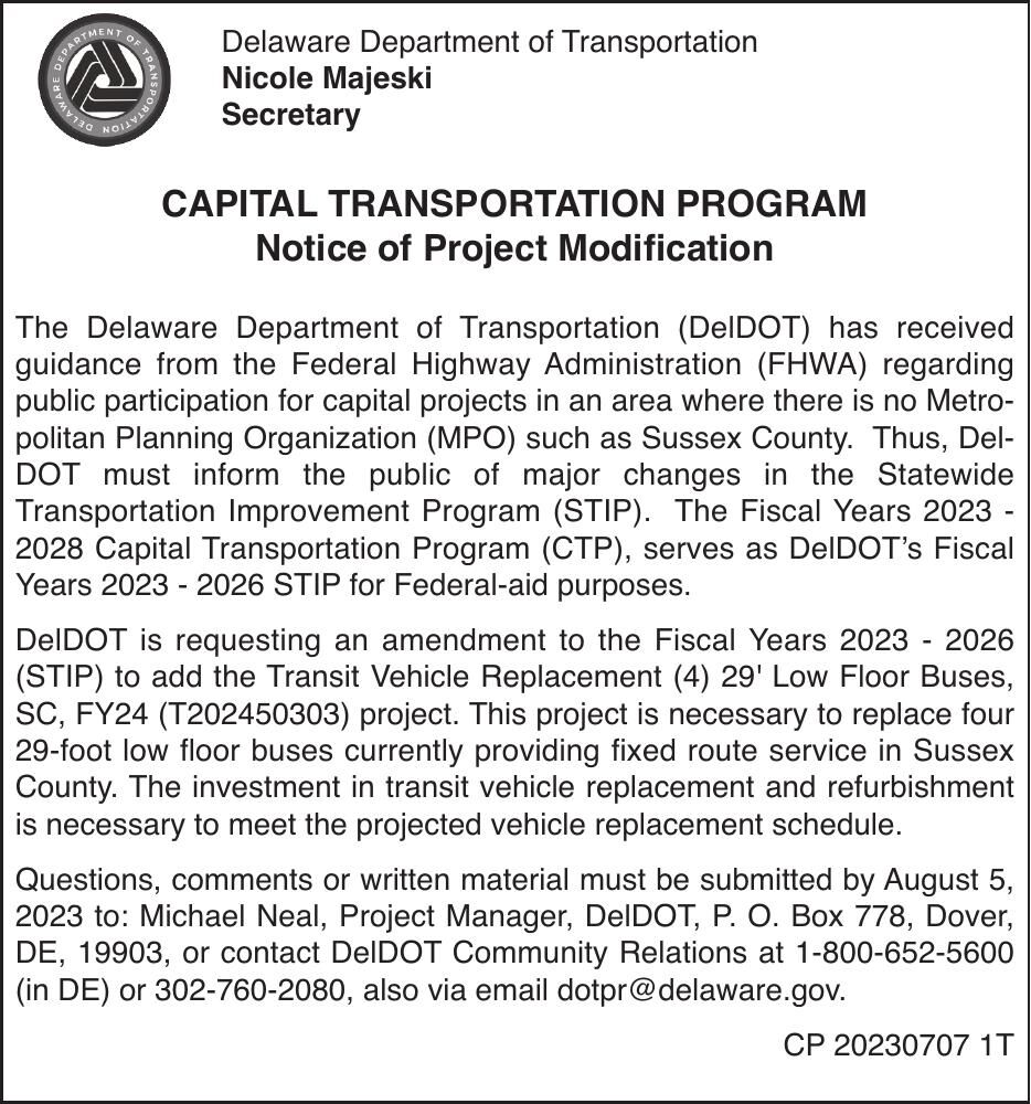 DE Dept. of Transportation - Project Modification | Legals ...