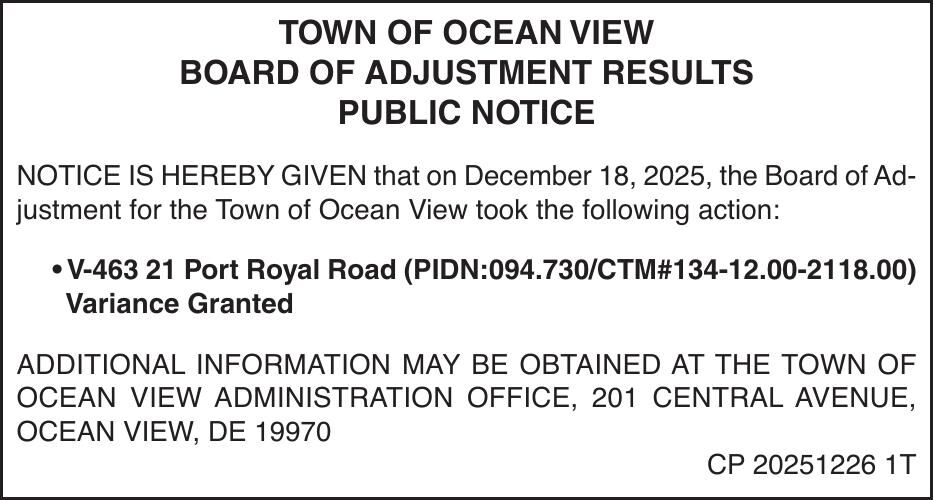 TOWN OF OCEAN VIEW | Legals | coastalpoint.com