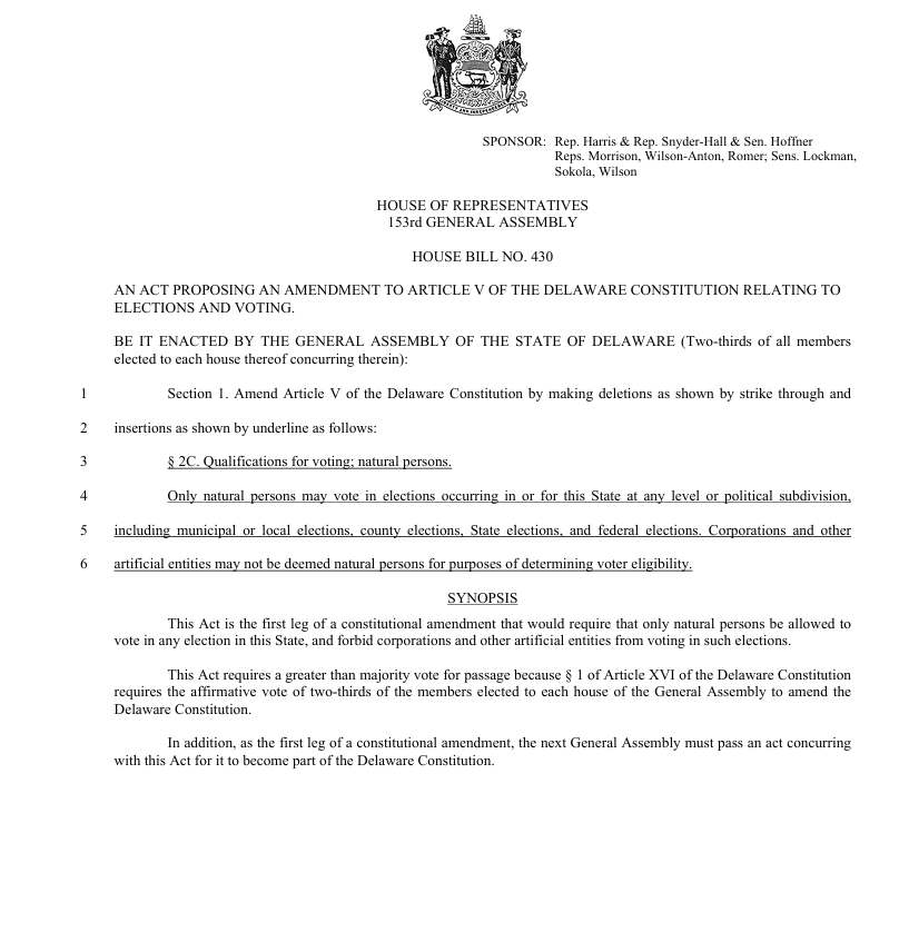 Delaware House Bill 430 could ban corporations from voting in municipal ...
