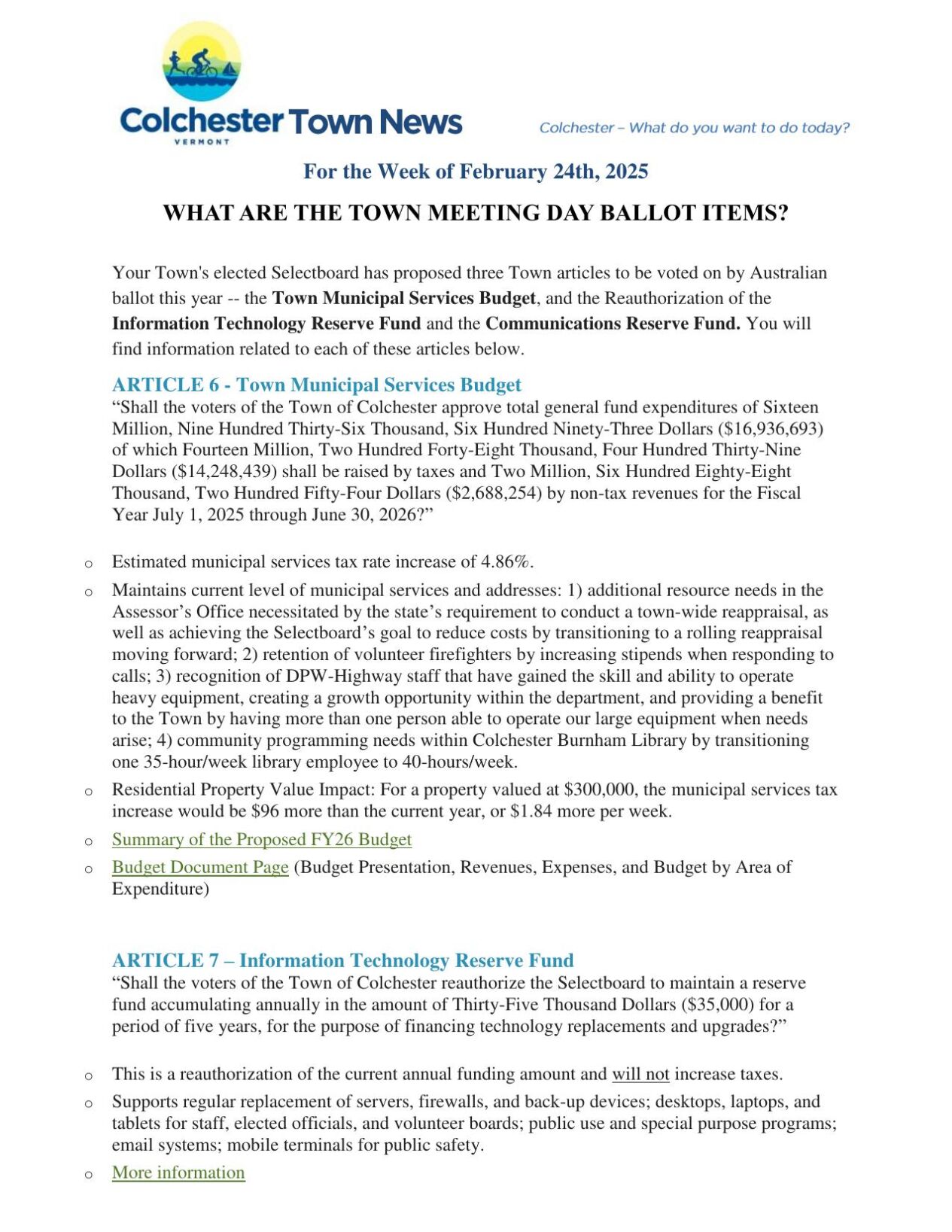 Feb. 24 Colchester Town Newsletter: Town meeting day ballot items ...