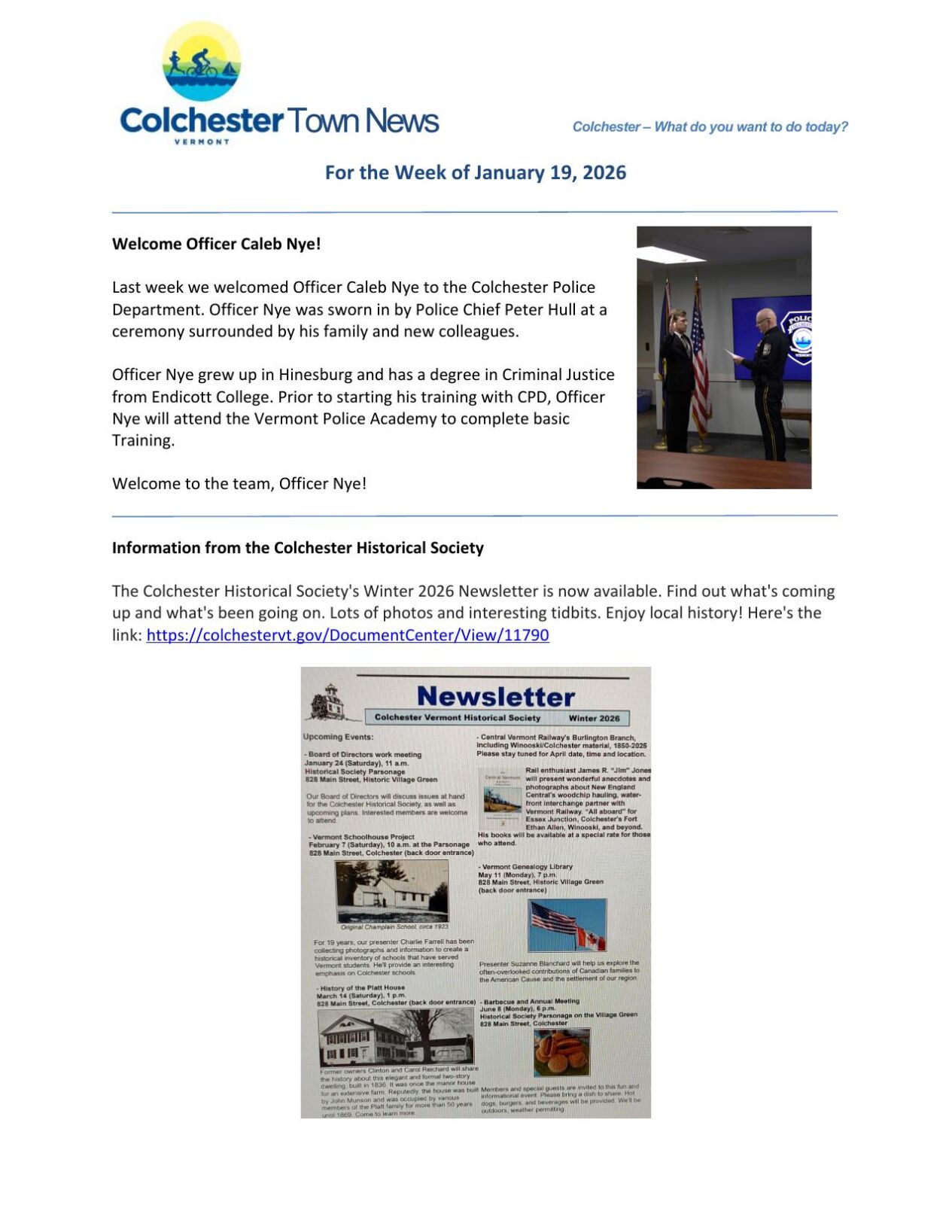 Jan. 19 Town Newsletter: Police officer swearing in, Colchester ...