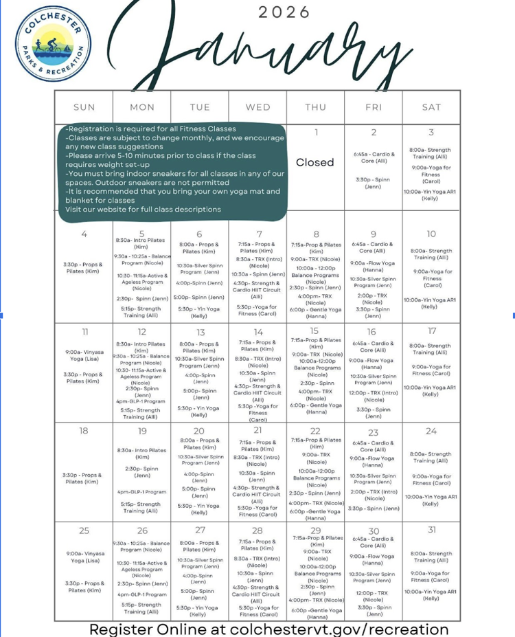 Colchester Recreation Center announces January events | Government ...