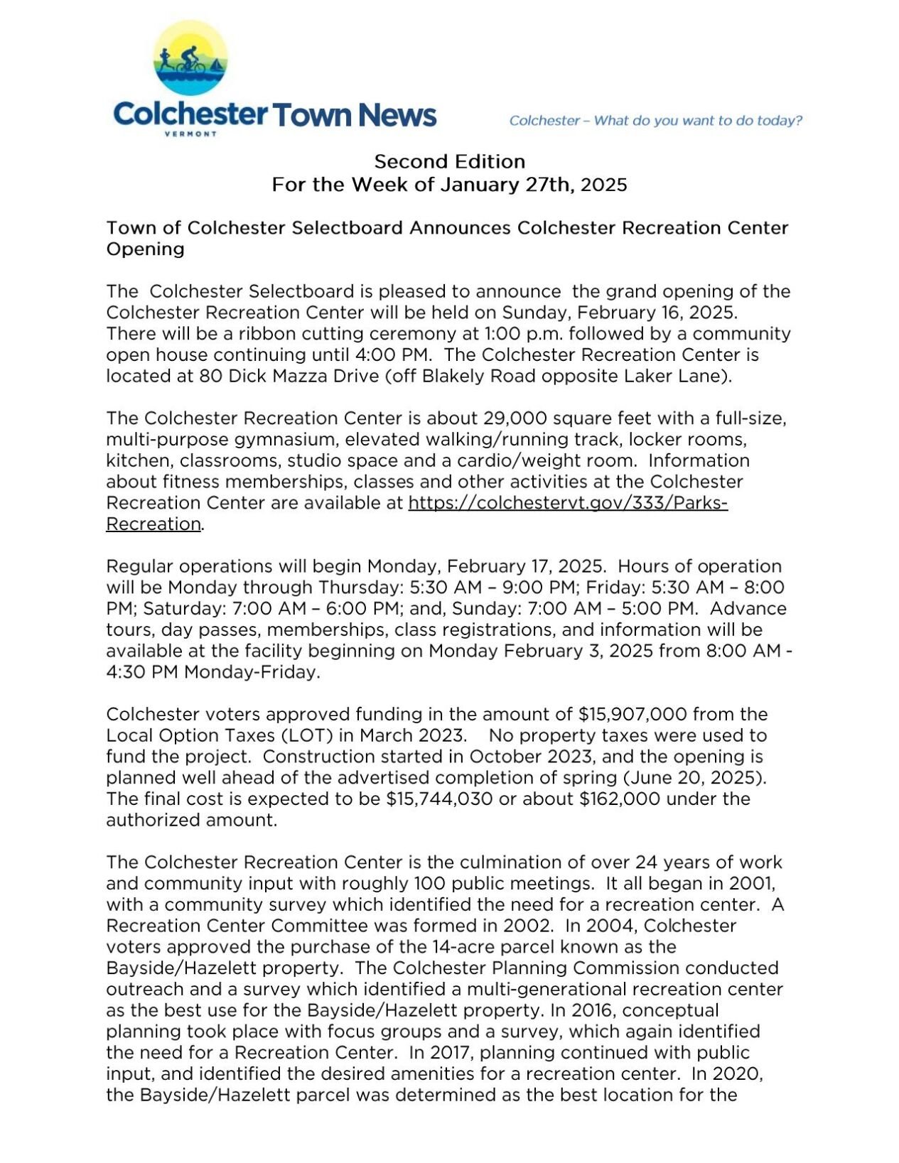 Jan. 29 Town Newsletter: Colchester Recreation Center to open ahead of ...