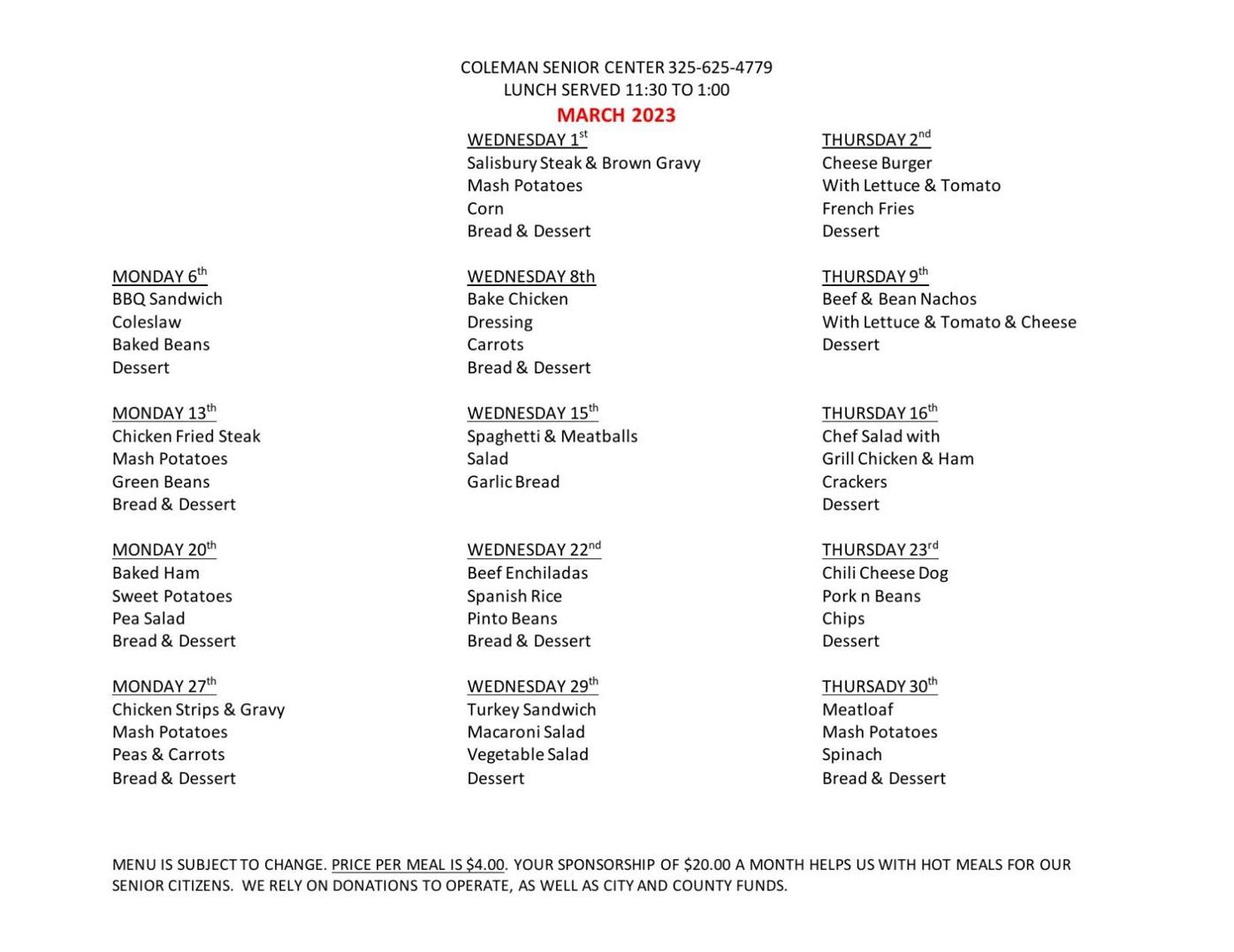 Senior Center MENU for MARCH 2023 | News | colemantoday.com