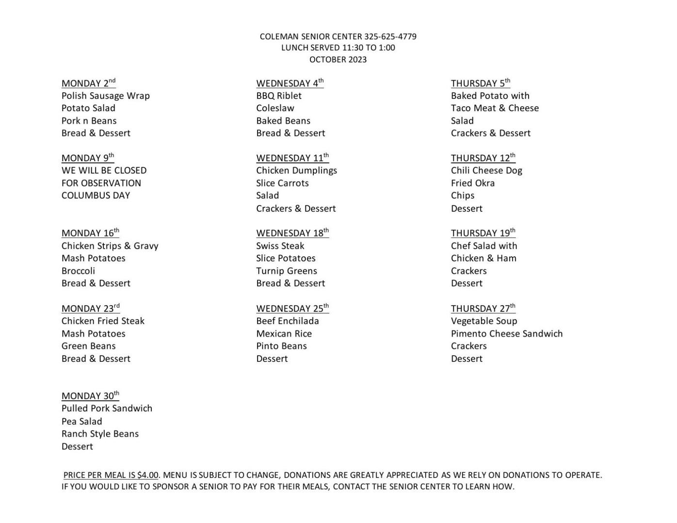 Senior Center MENU for OCTOBER 2023 | News | colemantoday.com