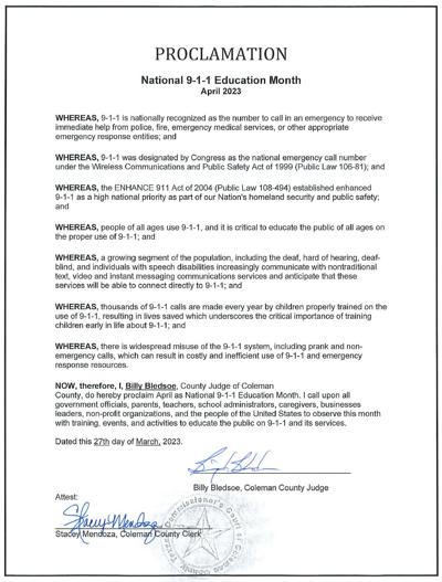 PROCLAMATION National 9-1-1 Education Month April 2023 | News ...