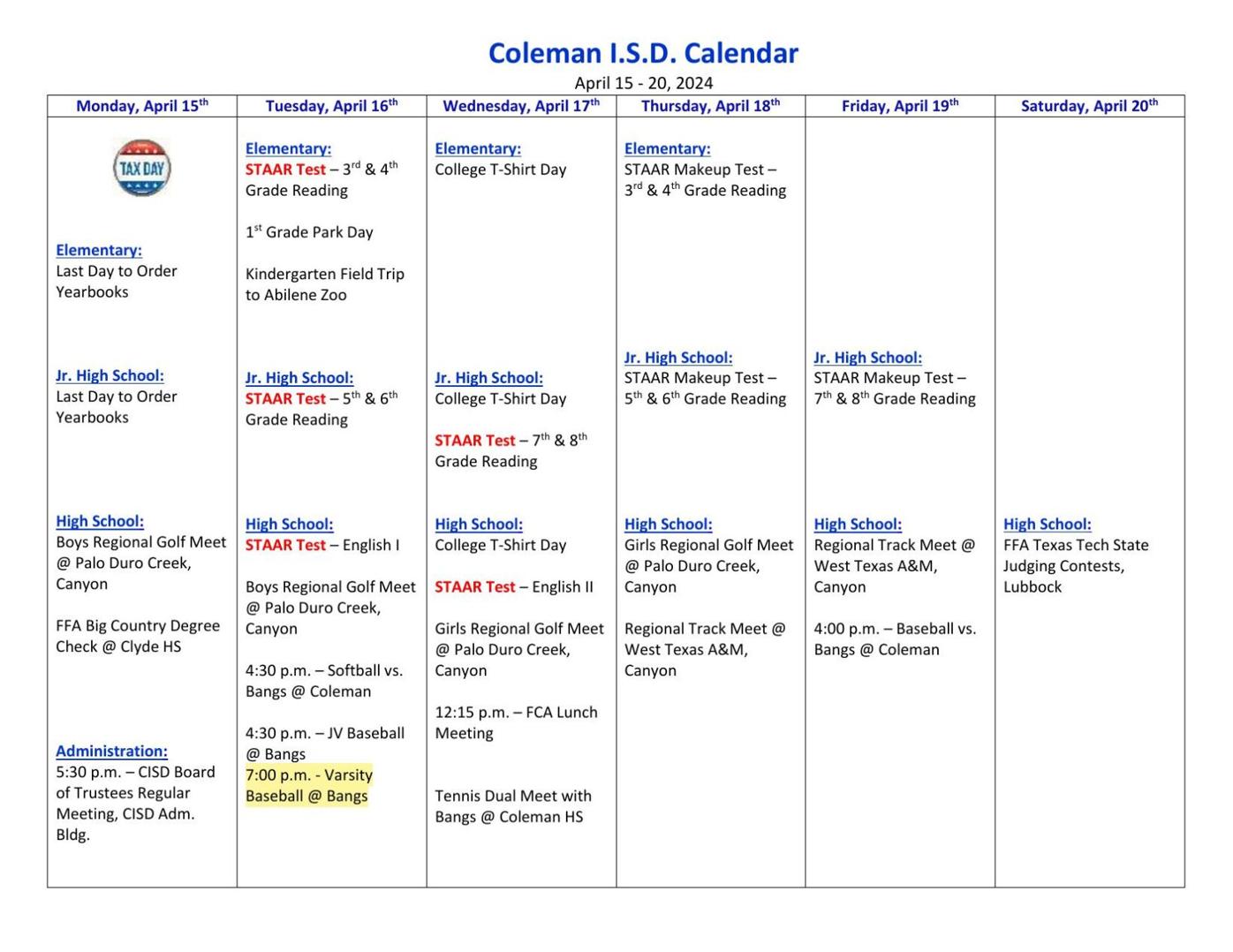 UPDATED - CISD Calendar for THIS WEEK - April 15th | News ...