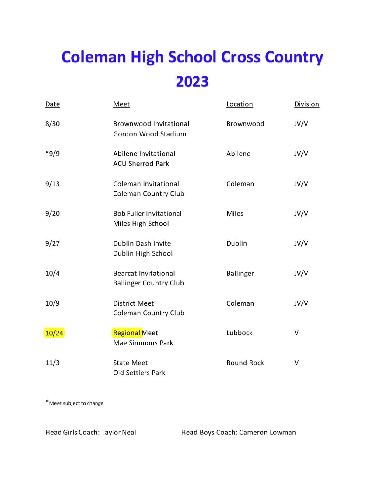 CHS Cross Country Schedule 2023 | | colemantoday.com