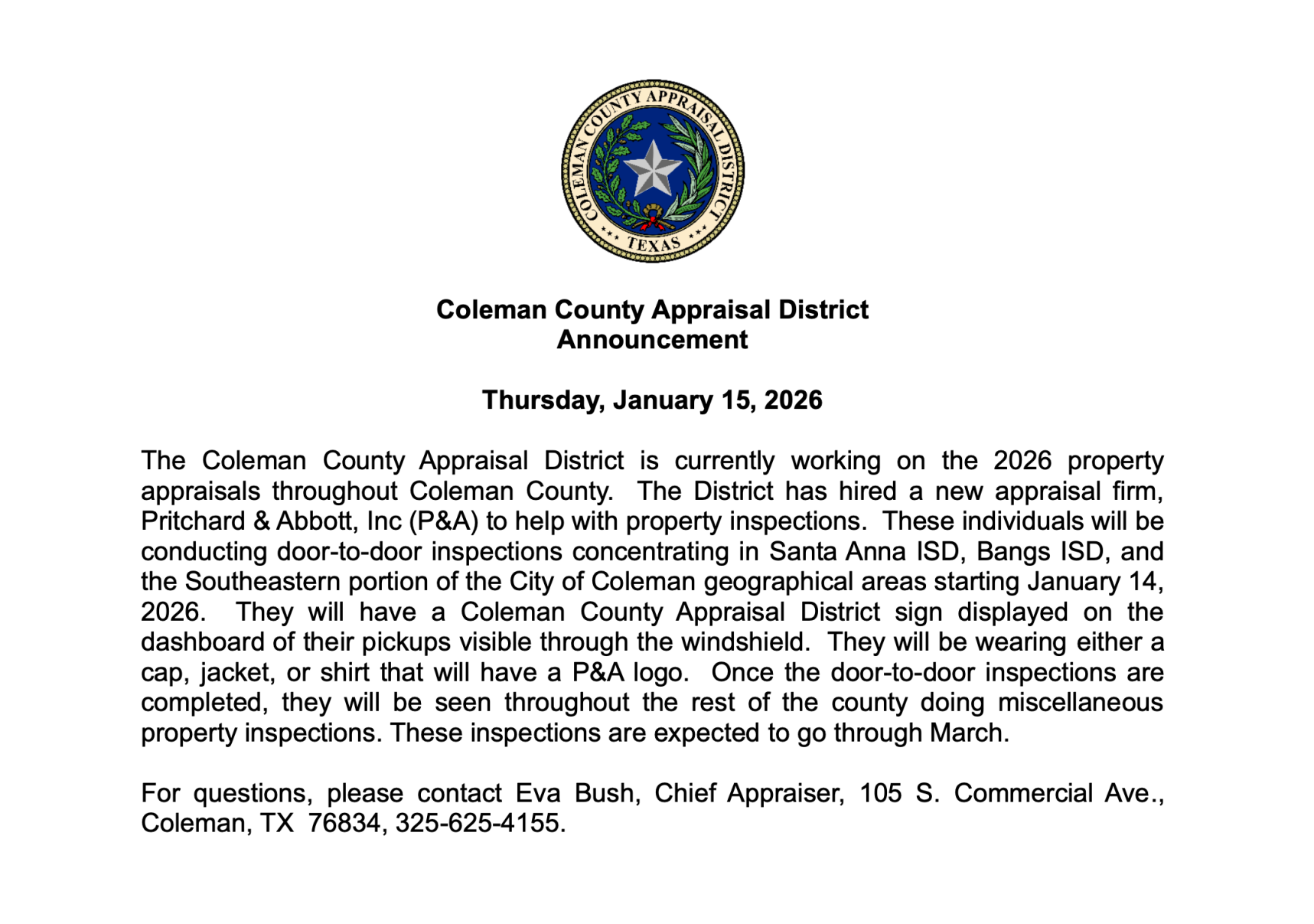 Coleman County Appraisal District Announcement Thursday, January 15 ...