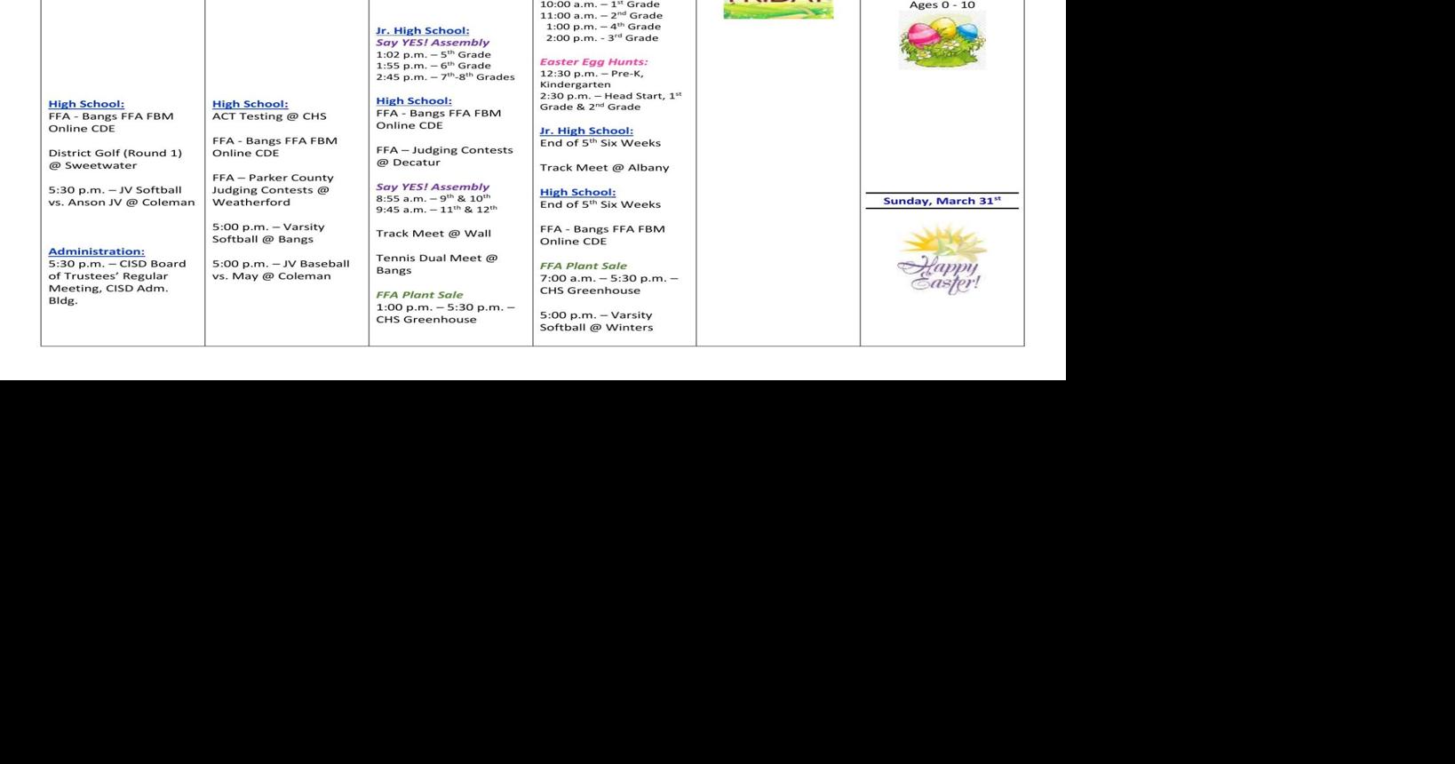 CISD Calendar for This Week | Sports | colemantoday.com