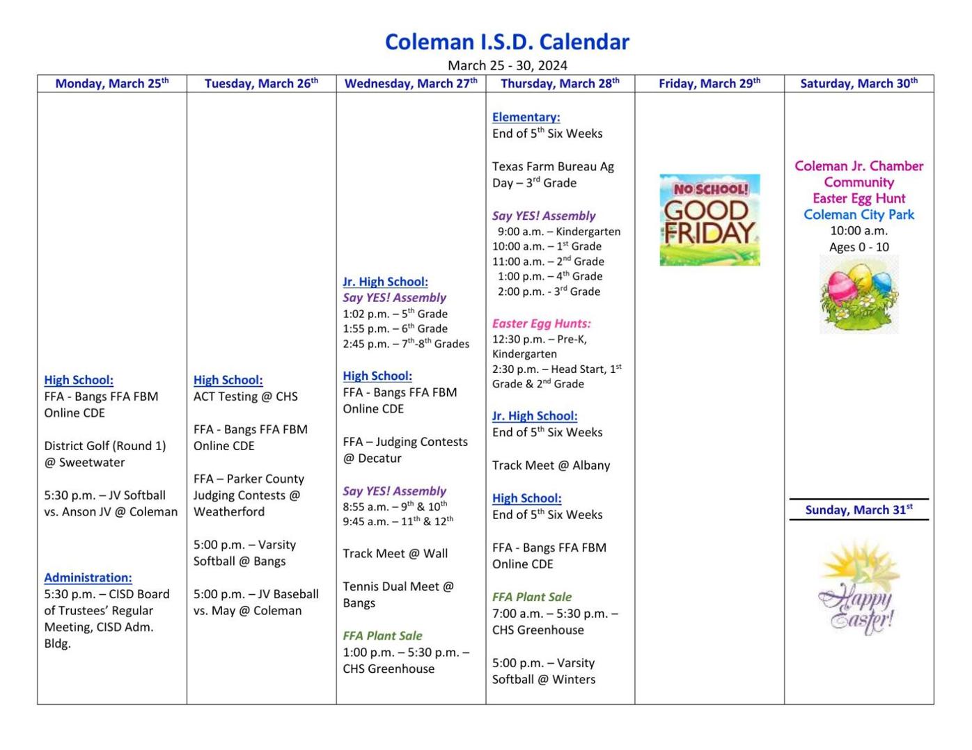 CISD Calendar for This Week | Sports | colemantoday.com