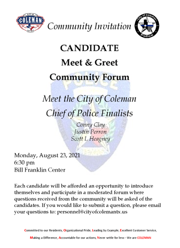Meet & Greet for Chief of Police Candidates Monday - PUBLIC INVITED ...