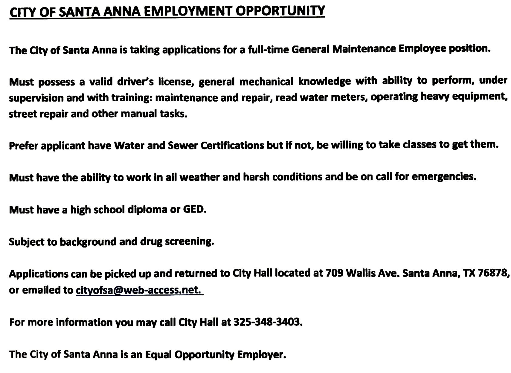 City of Santa Anna Employment Opportunity | Business | colemantoday.com