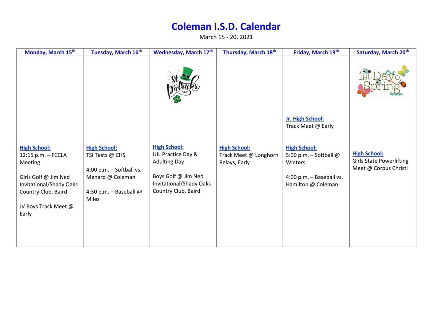 CISD Calendar for This Week | News | colemantoday.com