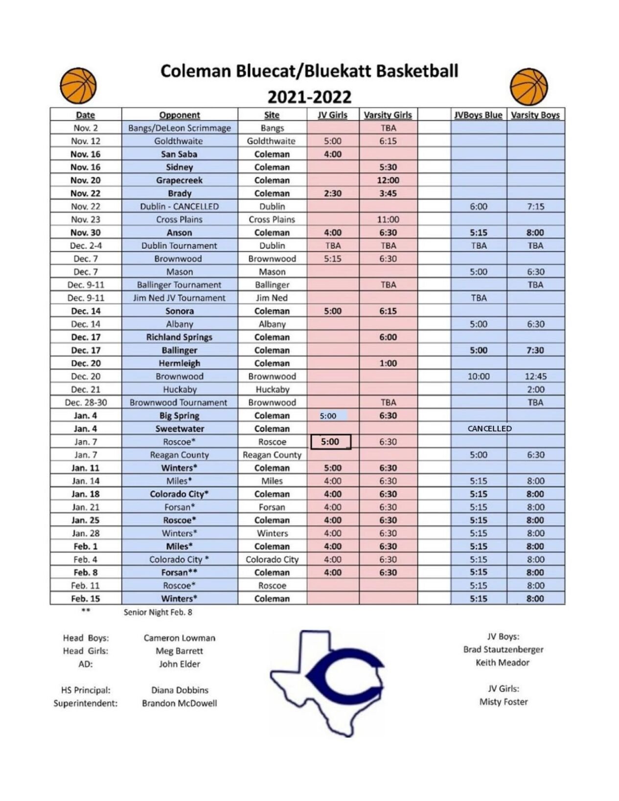 2021-2022 CHS Girls & Boys Basketball Schedule | | colemantoday.com