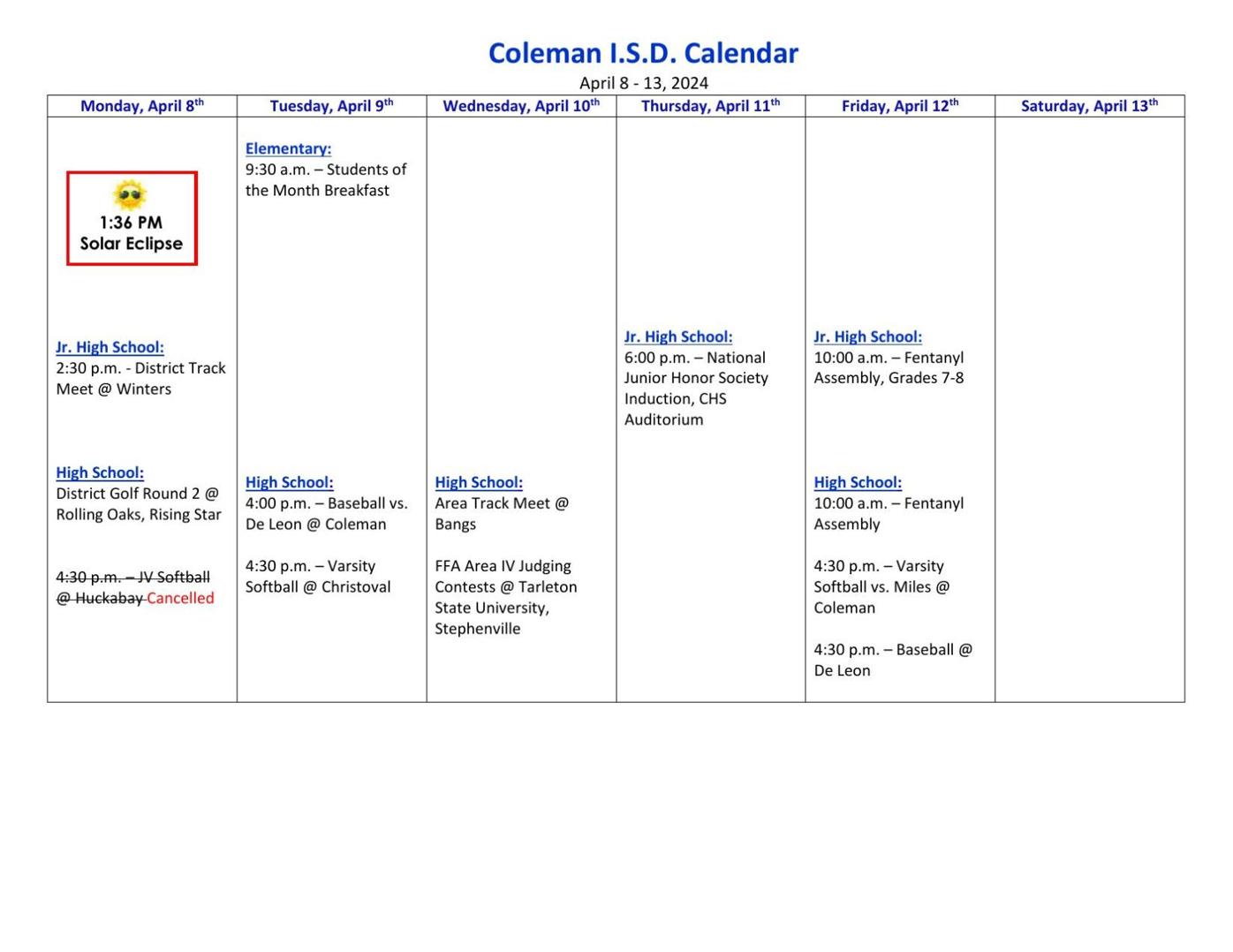 CISD Calendar for This Week | News | colemantoday.com