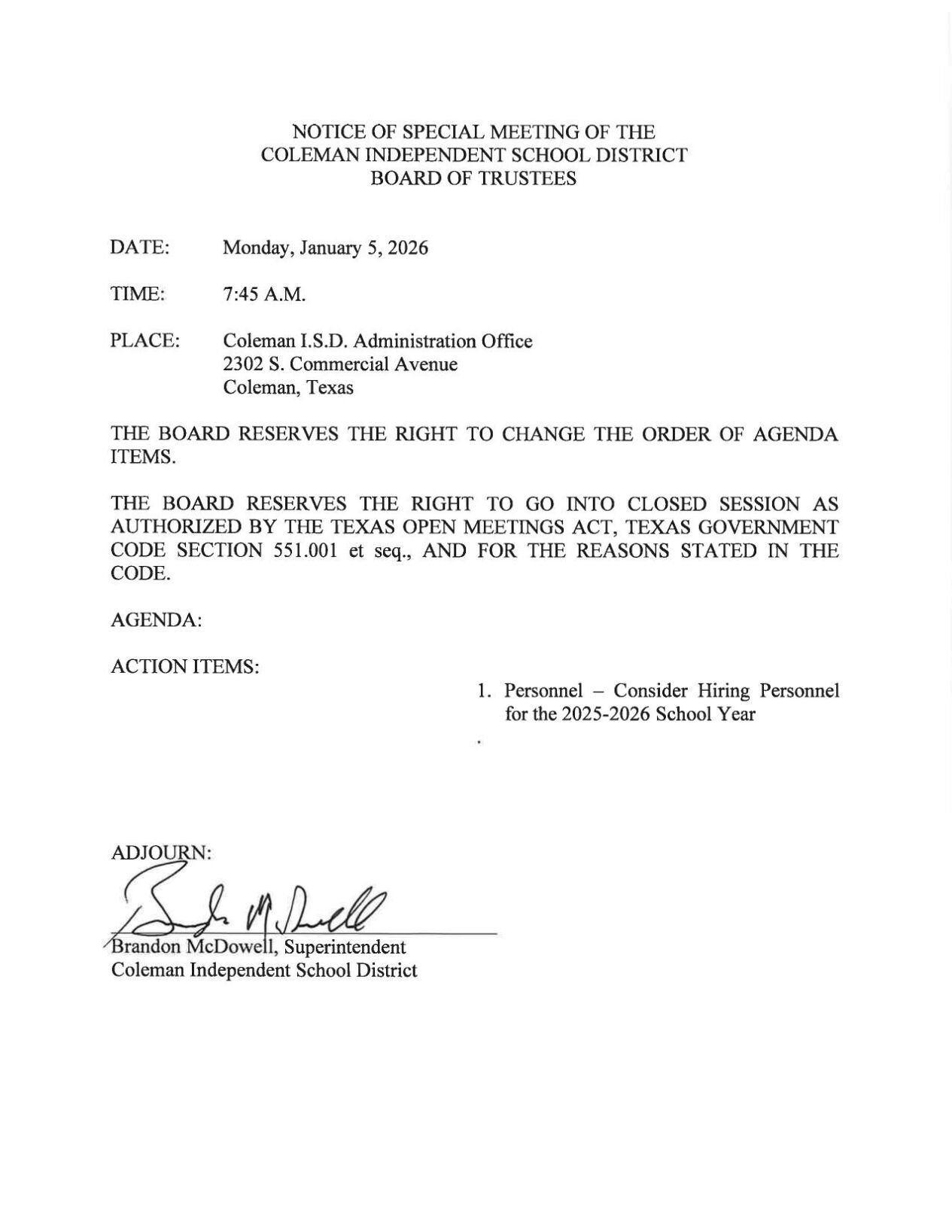 Notice of Special Meeting of Coleman ISD Board of Trustees | News ...