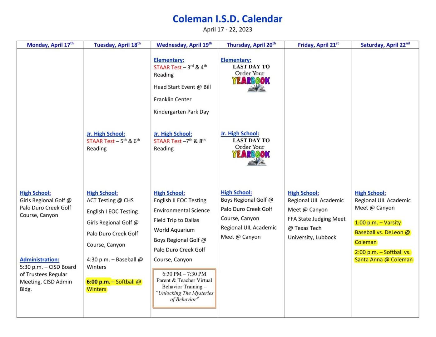 CISD Calendar for This Week - Changes Highlighted | News | colemantoday.com