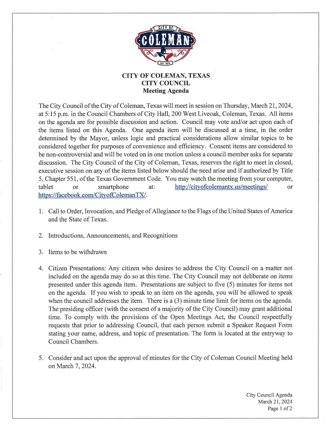 Coleman City Council | | colemantoday.com