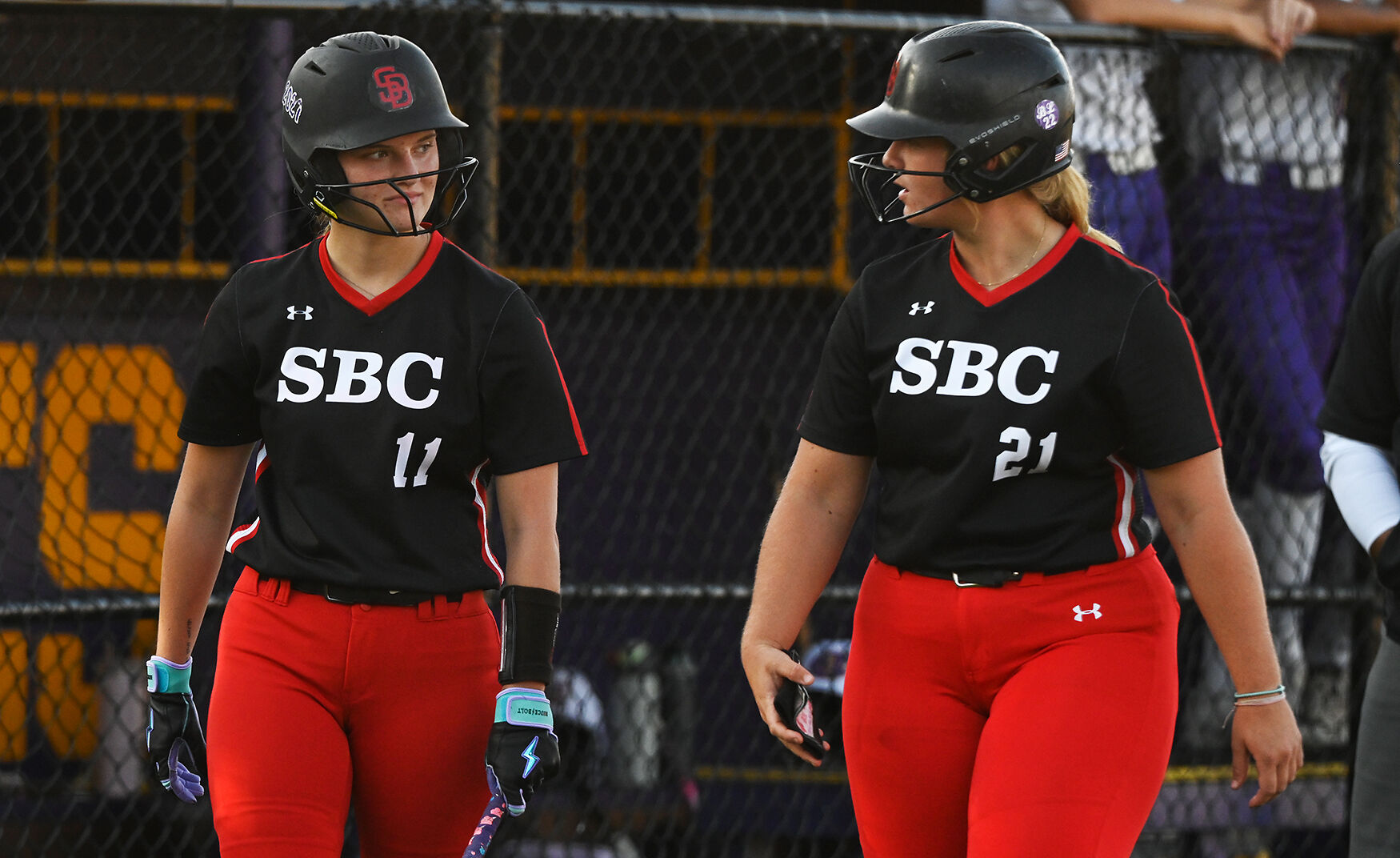 Southern Boone first baseman Abby Haskamp, left (11) and catcher Gracie ...