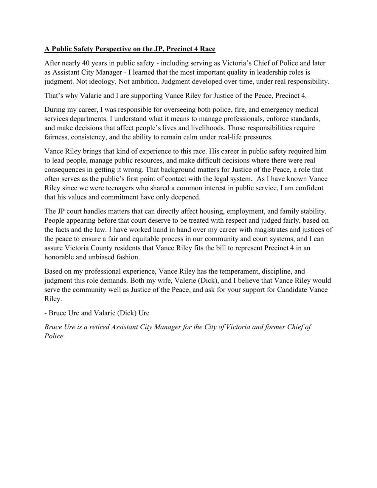 Bruce Ure backs Vance Riley for Justice of the Peace Precinct 4 | Local ...