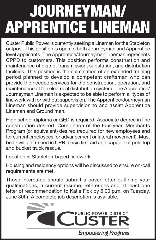 Custer Public Power | Jobs | custercountychief.com
