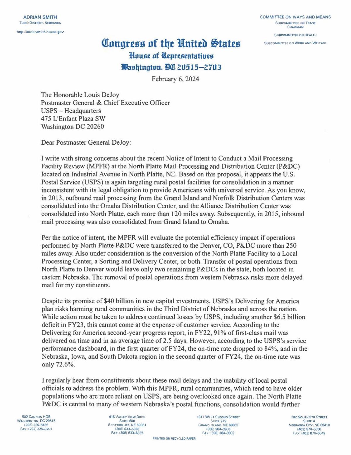 Rep. Adrian Smith's letter to USPS Feb. 6, 2024 | | custercountychief.com