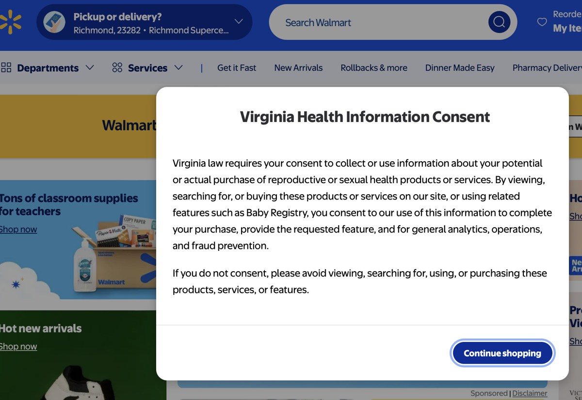 New Virginia law prompts 'Health Information Consent' pop-up on Walmart website