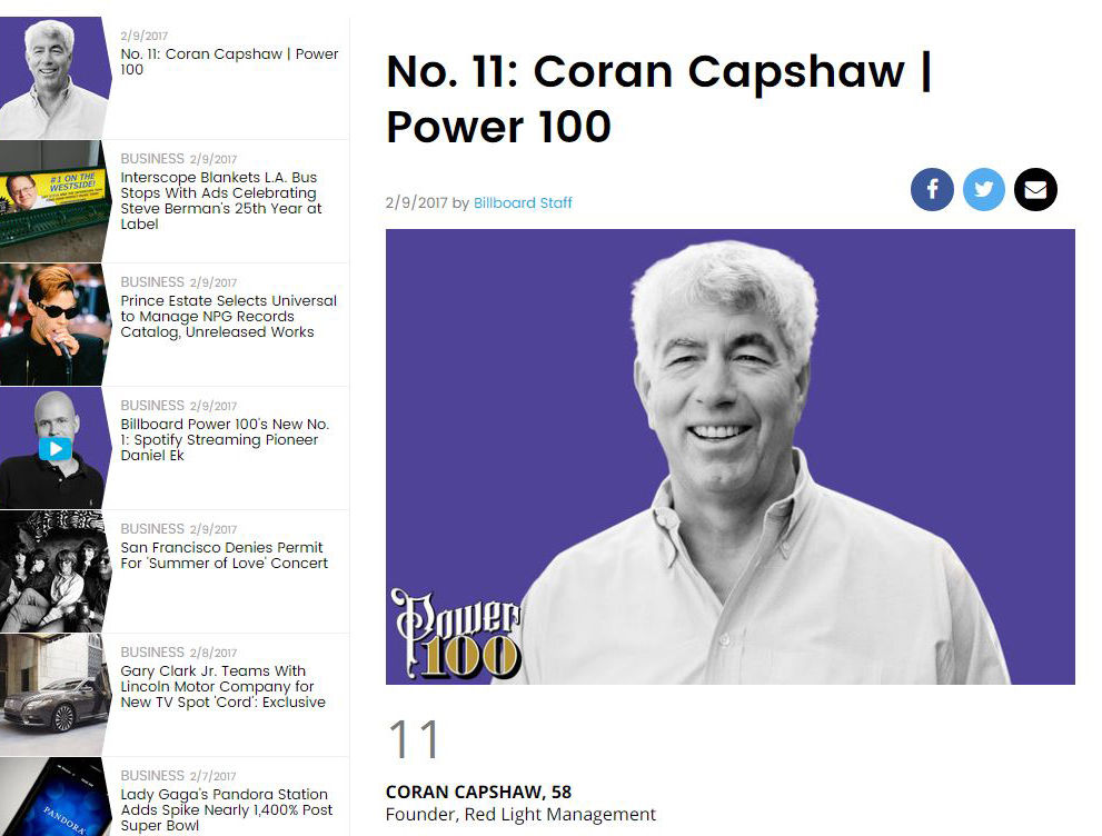 Coran Capshaw listed in Billboard power ranking
