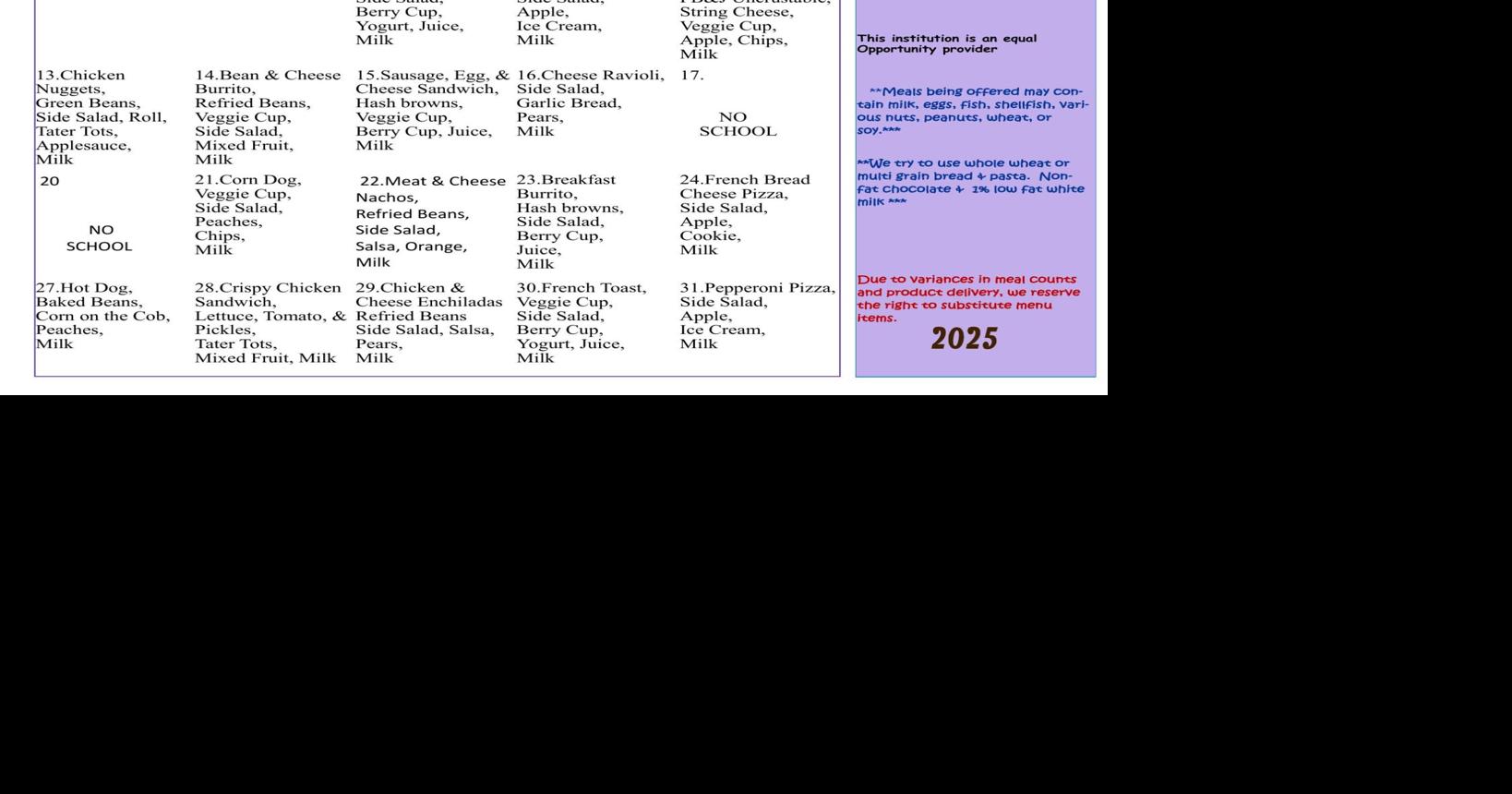 School Lunch Menu January 2025 | Delta Elementary School ...