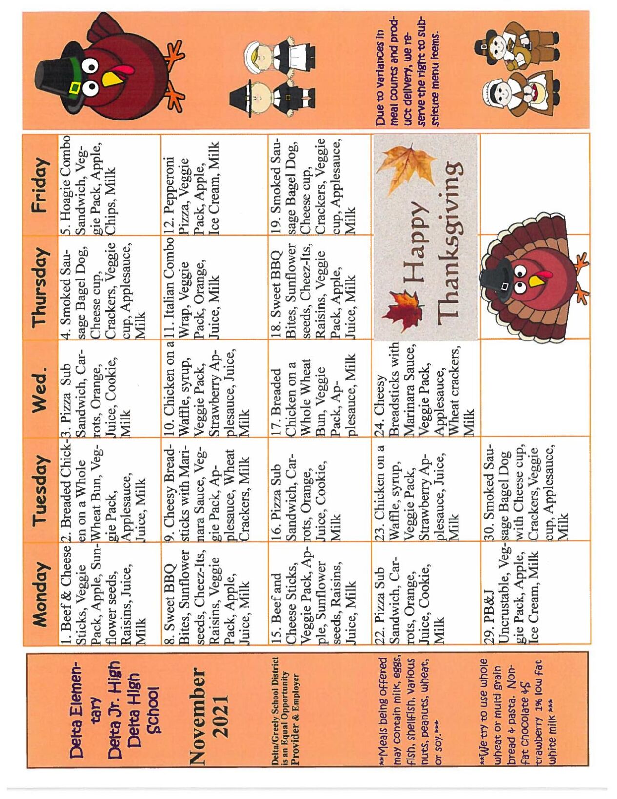 School Lunch Menu November 2021 | Schools | deltawindonline.com
