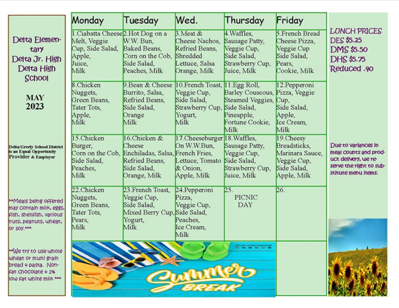 DGSD School Lunch Menu May 2023 | Schools | deltawindonline.com