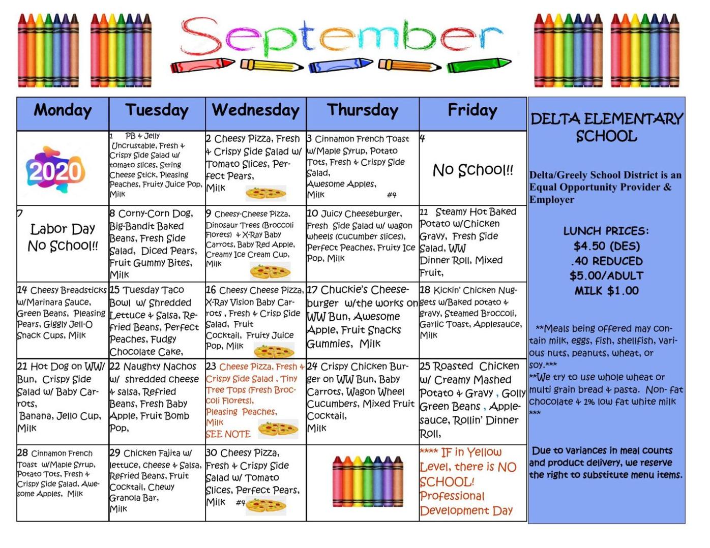 Delta Elementary School Lunch Menu Sept. 2020 | Delta Elementary School ...